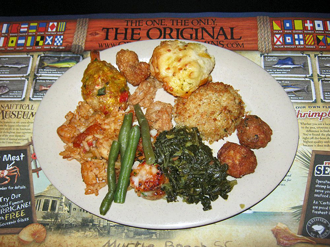 A buffet plate that tells the story of restraint abandoned. When faced with this many options, "a little of everything" becomes the only strategy.