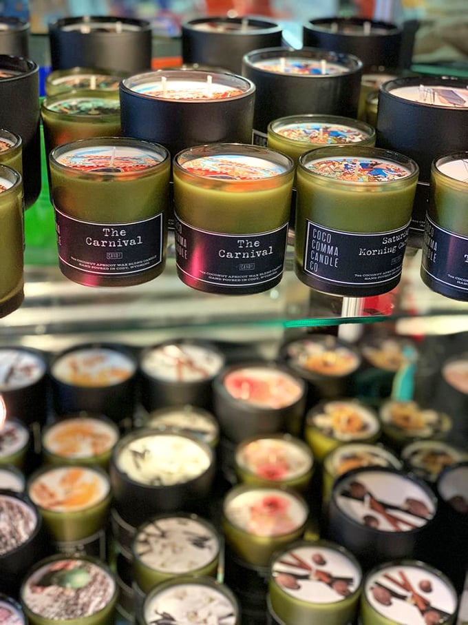 Scented candles with whimsical labels promise to transform your home with fragrance. Aromatherapy at thrift store prices is the ultimate luxury.