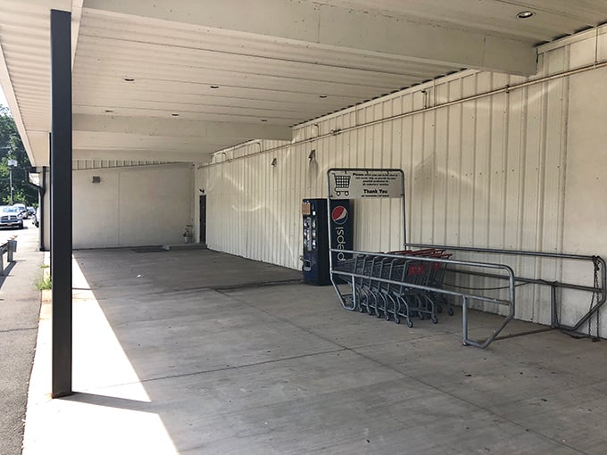 The calm before the shopping storm. This entrance area will soon welcome weekend warriors armed with donation bags and bargain dreams.