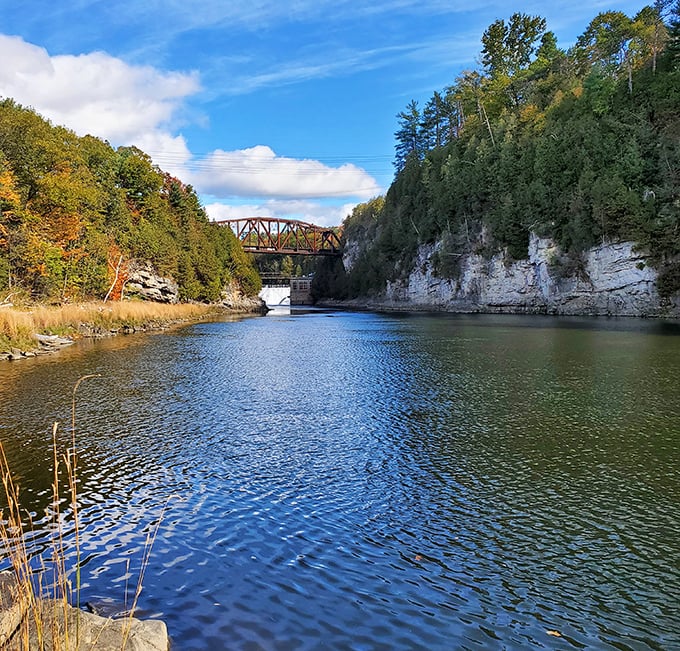 The river gorge showcases raw natural beauty, with limestone cliffs that have been standing guard longer than Vermont's been a state. 