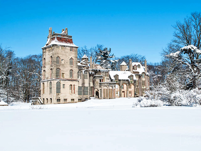 Winter transforms Fonthill into the world's most convincing movie set for "Eccentric Genius Builds Fantasy Castle in Snow Globe."