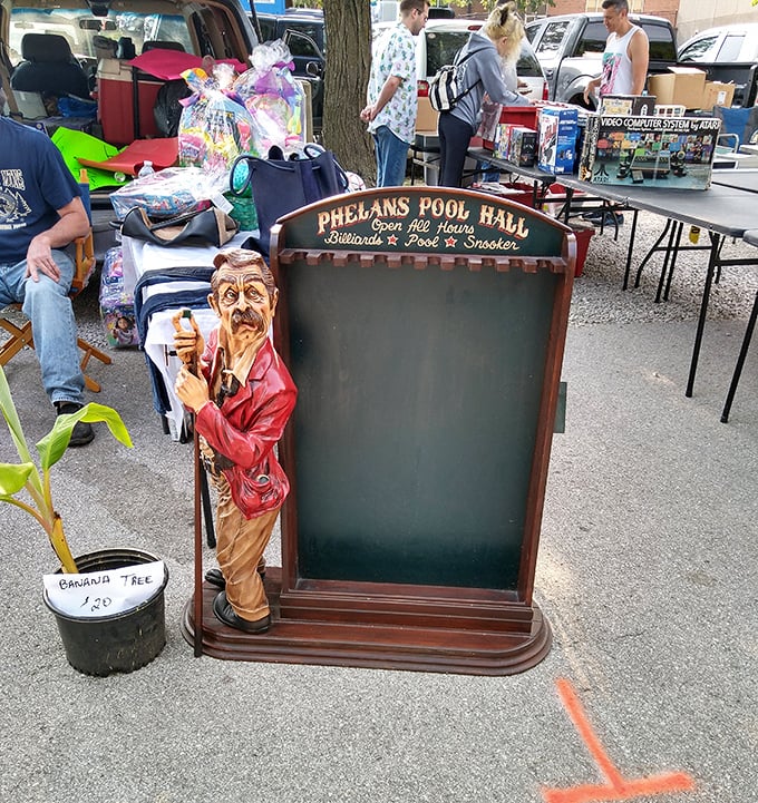 "Phelans Pool Hall" chalkboard sign with character&mdash;literally! This vintage advertising piece doubles as conversation-starting home d&eacute;cor.