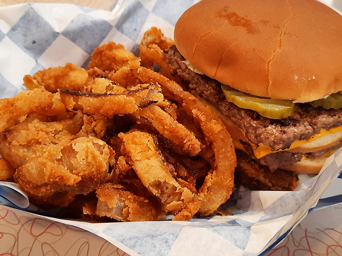 The burger and onion ring combo that launched a thousand food dreams. Crispy, golden circles of happiness alongside a perfectly charred patty.