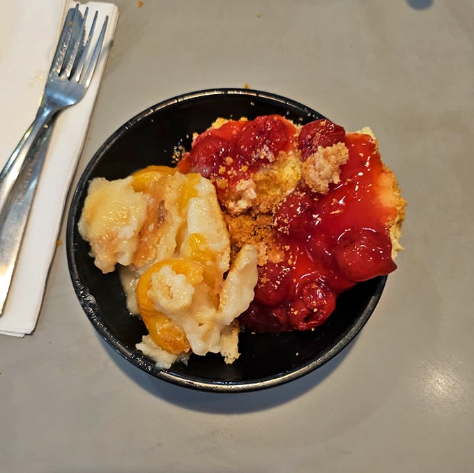 Dueling desserts that settle the age-old debate: why choose between fruit cobbler and cheesecake when both can peacefully coexist?