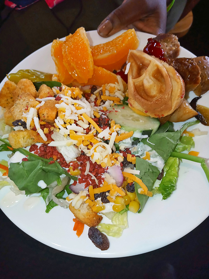 The salad plate that lets you pretend you're eating healthy while the waffle and orange slices reveal your true intentions. We see you, and we approve.