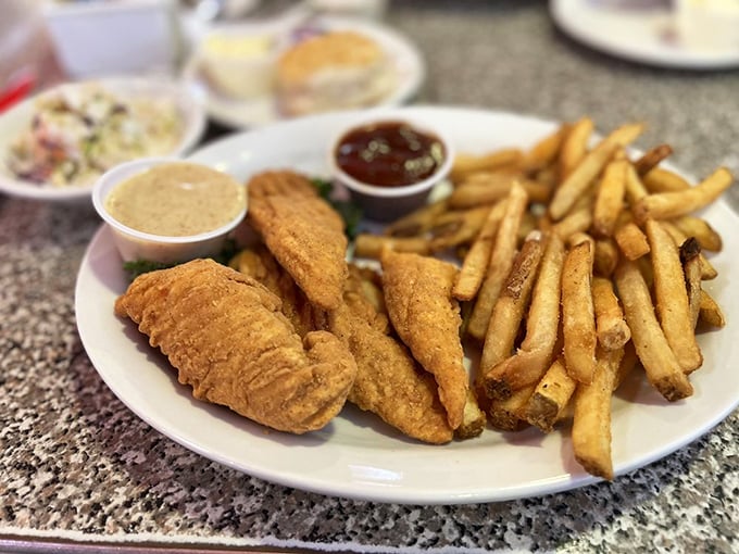 Golden-fried chicken tenders with that perfect crunch-to-tenderness ratio, served with fries that deserve their own fan club.