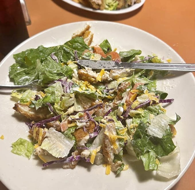 Even the salad here means business&mdash;crisp lettuce, crunchy croutons, and enough cheese to remind you that you're still in a proper American diner.