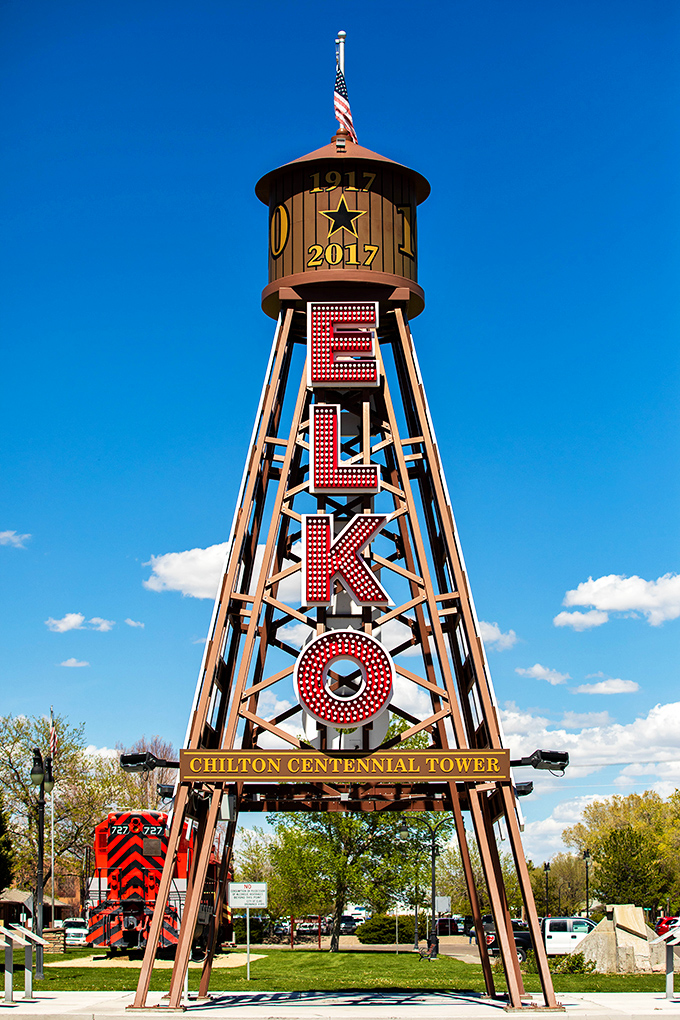 The Chilton Centennial Tower spells E-L-K-O in vertical glory, a landmark that manages to be both charmingly retro and Instagram-worthy at the same time.