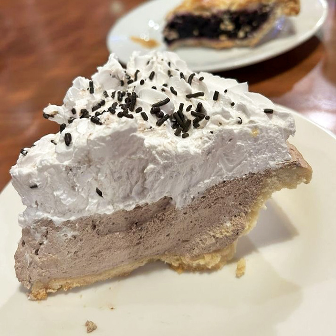 A slice of chocolate cream pie topped with a cloud of whipped cream and chocolate sprinkles. Diet plans come here to die happy.