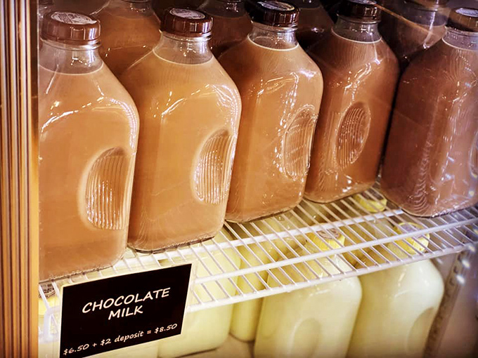 Glass bottles of chocolate milk stand at attention in the cooler—the perfect creamy counterpoint to a hearty sandwich. Some traditions never need updating.