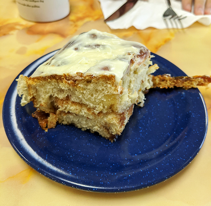 Cinnamon roll perfection: layers of sweet dough and frosting that would make even your dentist pause before warning you about sugar.
