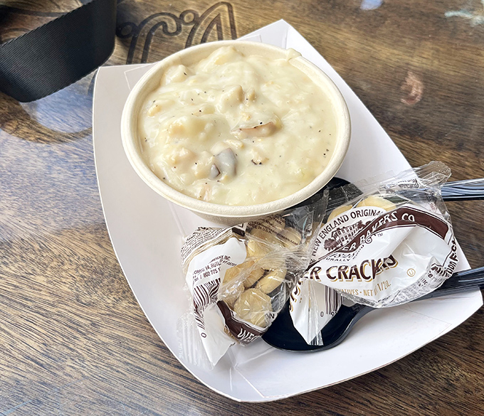 This clam chowder isn't just thick&mdash;it's contemplating a career in solid geometry, with oyster crackers standing by for structural support.