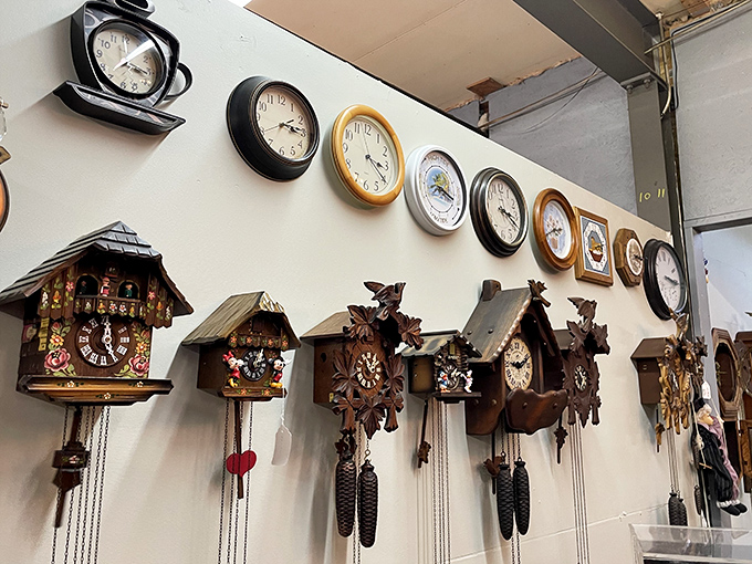 Time literally stands still in this corner dedicated to vintage timepieces. The cuckoo clock collection would make any Black Forest craftsman proud.