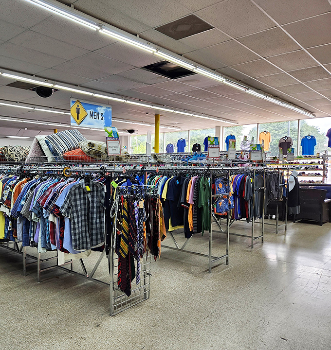 Meticulously organized racks make hunting for that perfect shirt less daunting. The thrill of discovery lurks between every hanger.