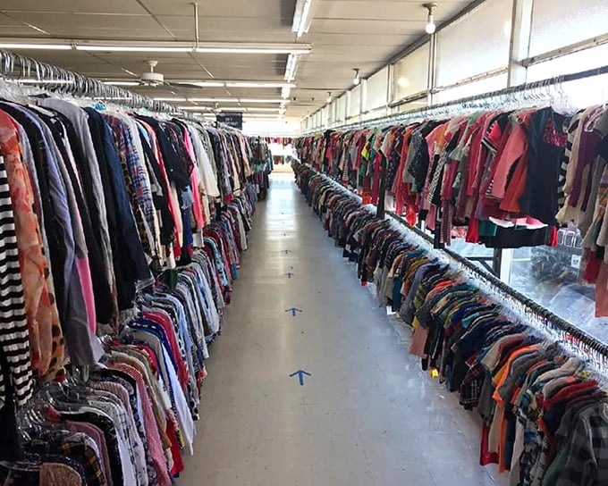 The clothing aisles stretch like Texas highways, full of possibility and unexpected treasures. Navigation tip: follow the blue arrows on the floor.