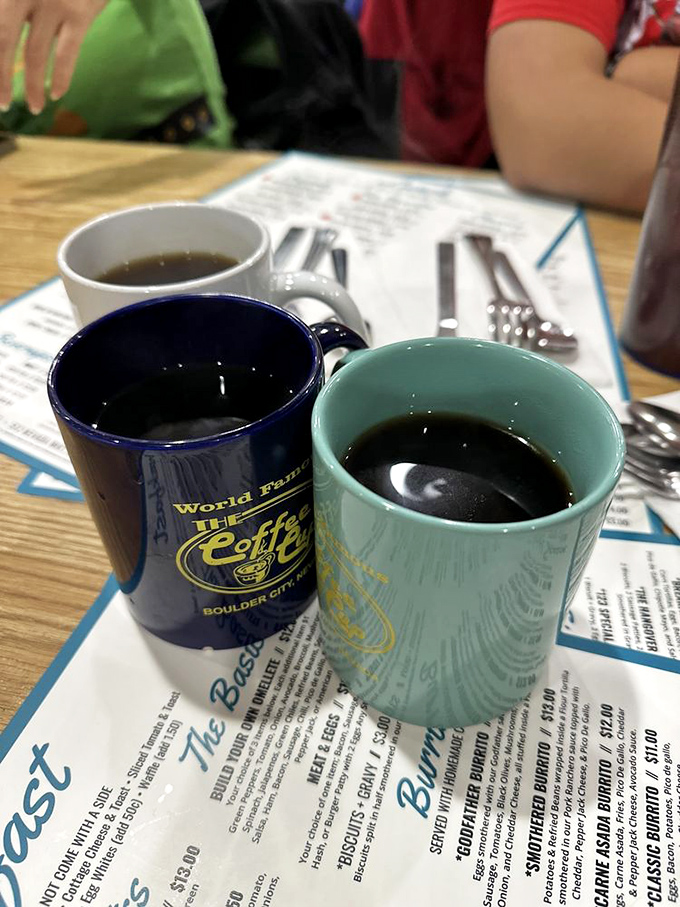 Coffee served in mugs as colorful as the conversation &ndash; the perfect vessel for the fuel that powers Boulder City's morning warriors.
