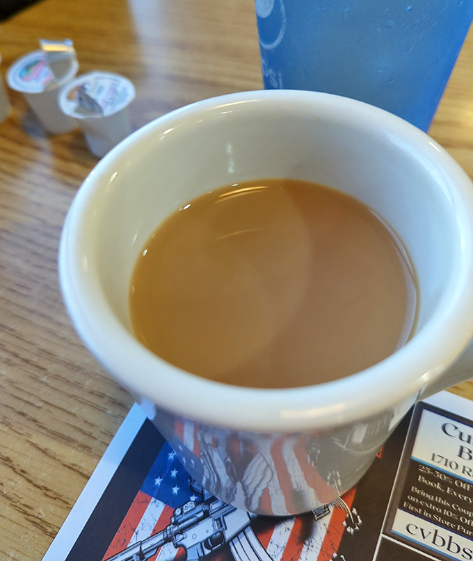 Diner coffee: not pretentious, not complicated, just reliably good fuel for conversation that somehow tastes better in these sturdy white mugs.