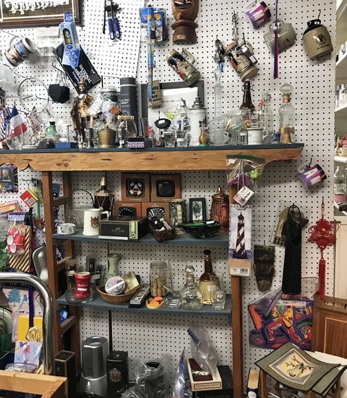 A pegboard wonderland of knick-knacks and nostalgia. The kind of treasures your spouse questions bringing home until they become the perfect conversation piece.