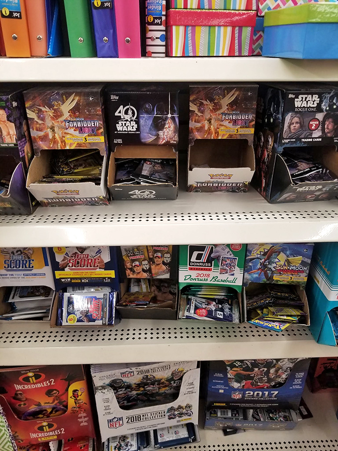 Trading cards for every collector line the shelves. From Star Wars to sports heroes, childhood nostalgia comes with a surprisingly gentle price tag.