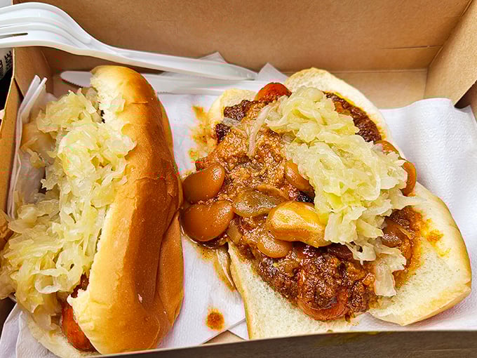 The Kraut & Chili Dog combo—proof that sometimes more is more. Those beans aren't just a side; they're an essential supporting character.