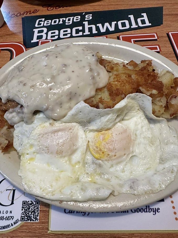 When gravy cascades over home fries like Niagara Falls over rocks, with sunny-side eggs standing by as willing witnesses. Morning glory, indeed.