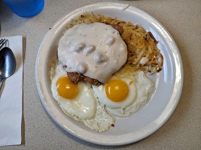 The country fried steak breakfast is the working person's power meal&mdash;crispy meat, sunny eggs, and hash browns that could fuel you through anything life throws your way.