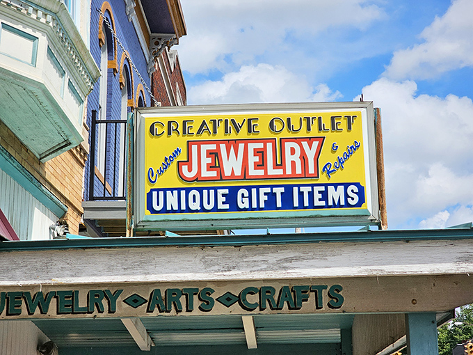 This vintage sign promises jewelry and unique gifts, the kind of treasures you didn't know you needed until you walked inside.