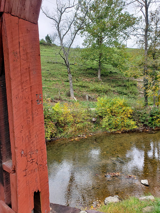 The stream beneath runs clear over smooth stones, creating nature's soundtrack that's been accompanying this bridge since Woodrow Wilson was president.