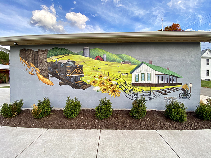 This vibrant mural captures Damascus's soul&mdash;where railroad history, natural beauty, and cycling culture blend into a perfect small-town symphony.
