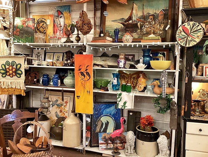 Florida kitsch meets artistic flair on these shelves. That flamingo isn't just decor&mdash;it's practically the unofficial state mascot.