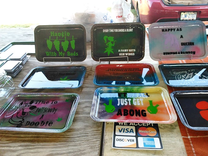 Whimsical trays with messages that would make your grandmother blush and your college roommate nod in approval. Cash and cards accepted!