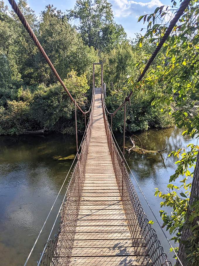 This suspension bridge at Deerfield Nature Park isn't just a crossing—it's nature's reminder that the journey matters more than the destination.