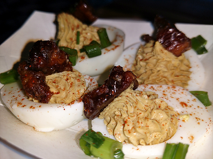 Deviled eggs topped with burnt ends—like the barbecue gods decided breakfast and dinner should stop fighting and just get along.