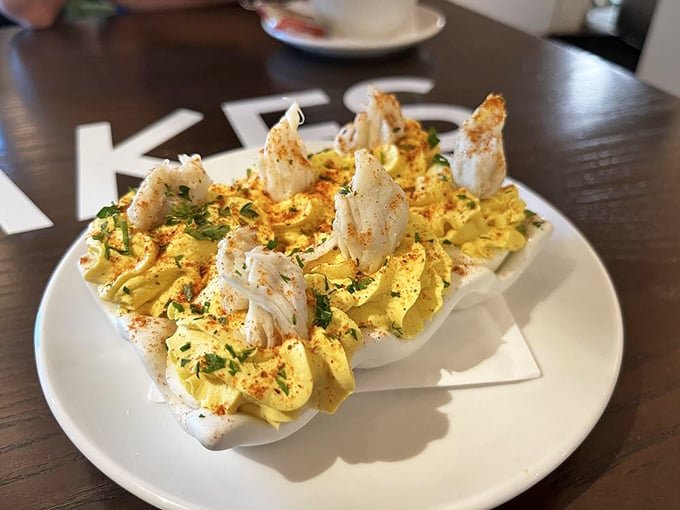 Deviled eggs playing dress-up in their Sunday best, topped with sweet lumps of crab meat. Grandma's recipe just got an upgrade.
