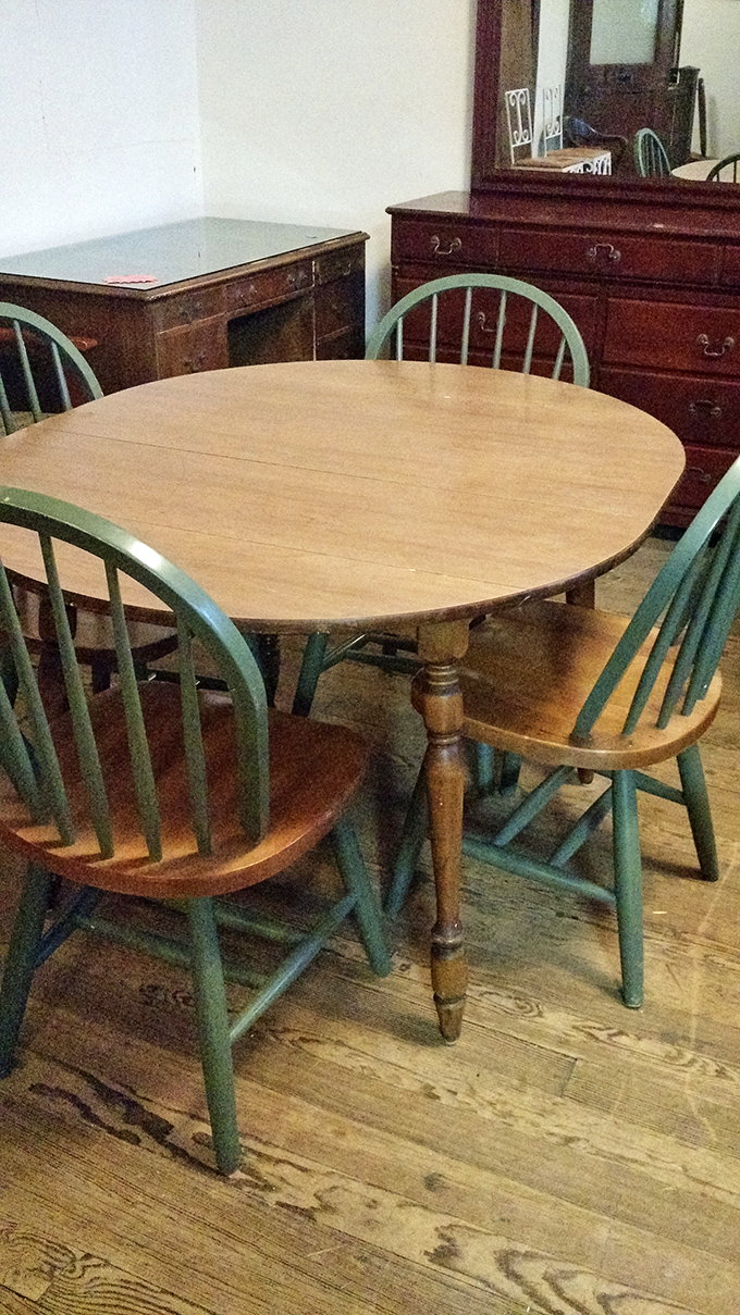 This dining set with mint-green Windsor chairs isn't just furniture &ndash; it's a Norman Rockwell painting waiting for your family to bring it to life.