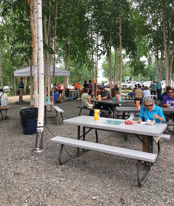 Lunch among the birch trees&mdash;this outdoor dining area turns market meals into impromptu picnics under Alaska's summer sky.