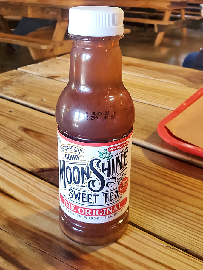 Sweet tea in a bottle labeled "Moonshine"&mdash;because in Texas, even the non-alcoholic beverages have attitude.