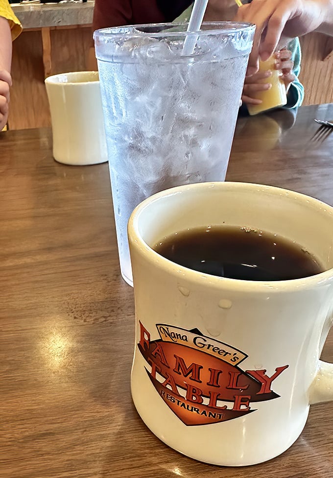 Coffee served in mugs emblazoned with the restaurant's logo&mdash;because ordinary cups couldn't contain this liquid motivation.