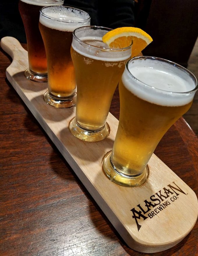 The Alaskan beer flight &ndash; four liquid reasons to extend your meal and possibly miss your cruise ship's departure.