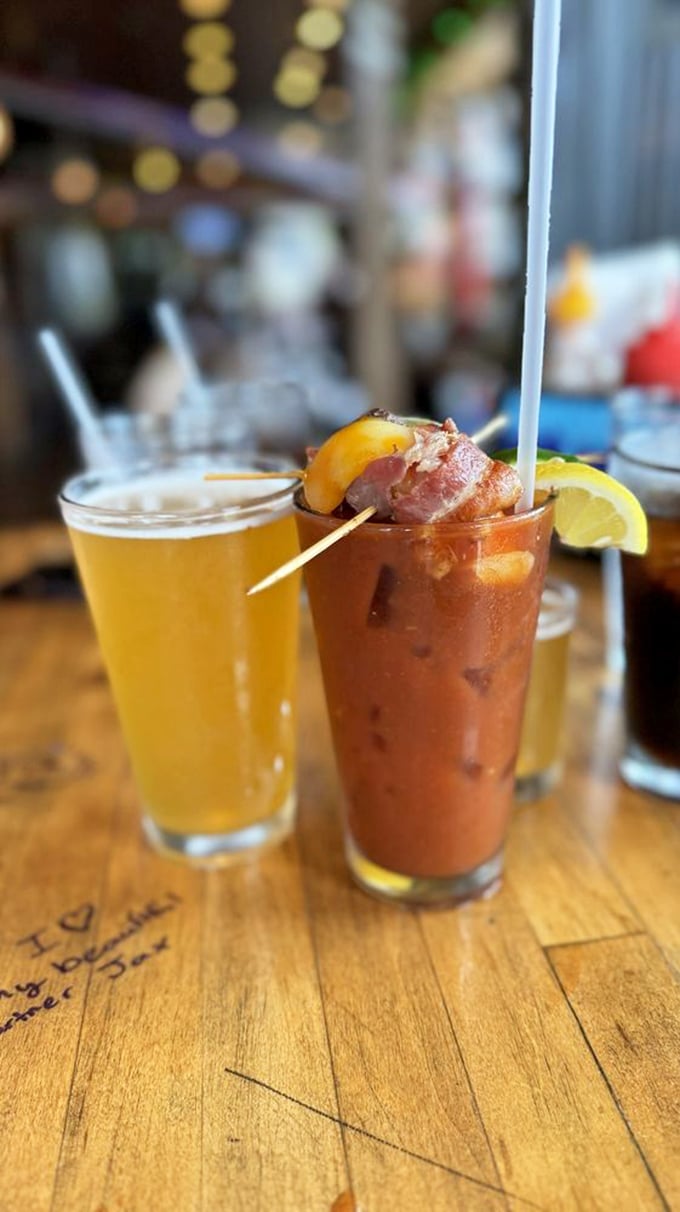 That Bloody Mary isn't just a drink&mdash;it's practically a meal with a beverage chaser. The beer stands by, knowing its supporting role.
