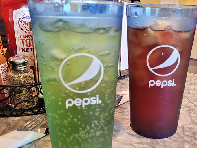 Pepsi in those classic diner glasses &ndash; somehow tasting better here than anywhere else. The bubbles practically sing "Good Morning America."