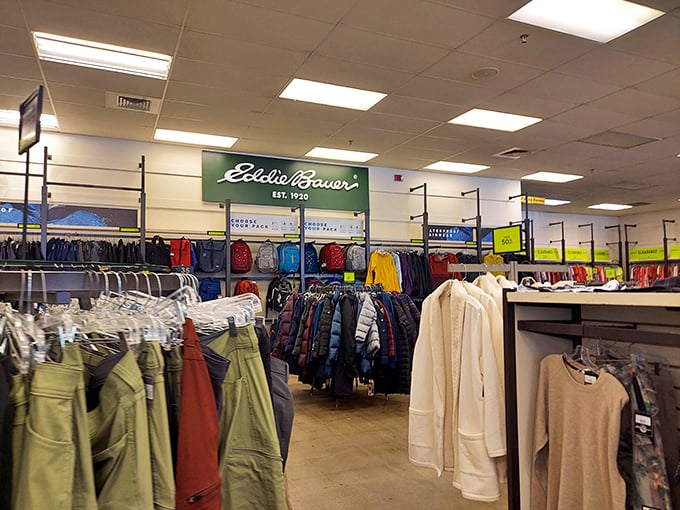 Eddie Bauer's well-organized racks promise outdoor adventures while your credit card enjoys indoor exercise. The perfect place for aspirational hikers.