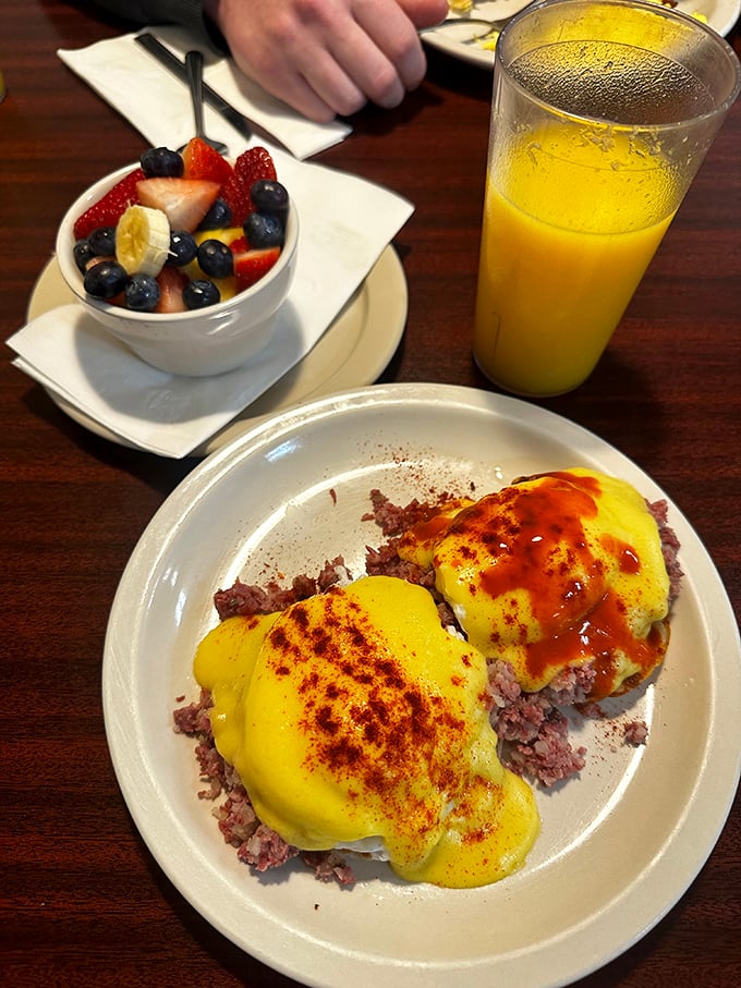 Eggs Benedict with corned beef hash&mdash;a breakfast so good it might make you forget your coffee. Almost. But not quite.