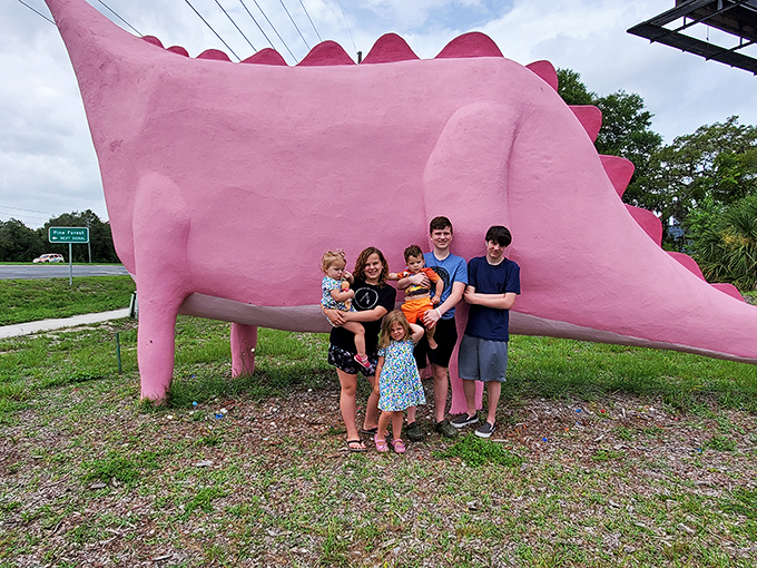 Family road trips become memorable when you stumble upon a giant pink dinosaur. These photos will outlast "are we there yet?" complaints.