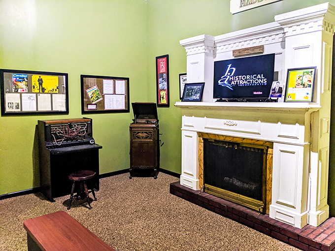 A vintage fireplace anchors this period room, where gangsters might have plotted their next move between spa treatments.