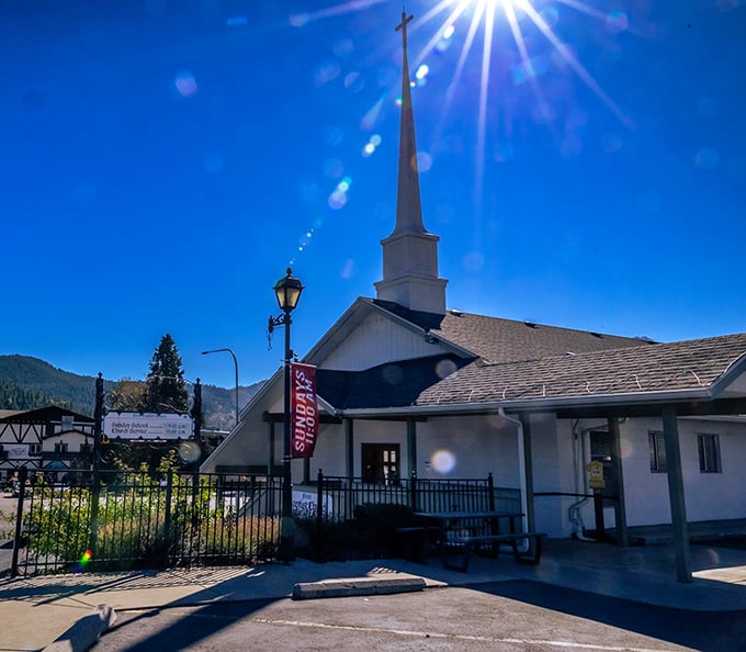 Even the churches embrace the Alpine aesthetic, proving that spiritual elevation pairs nicely with actual elevation.