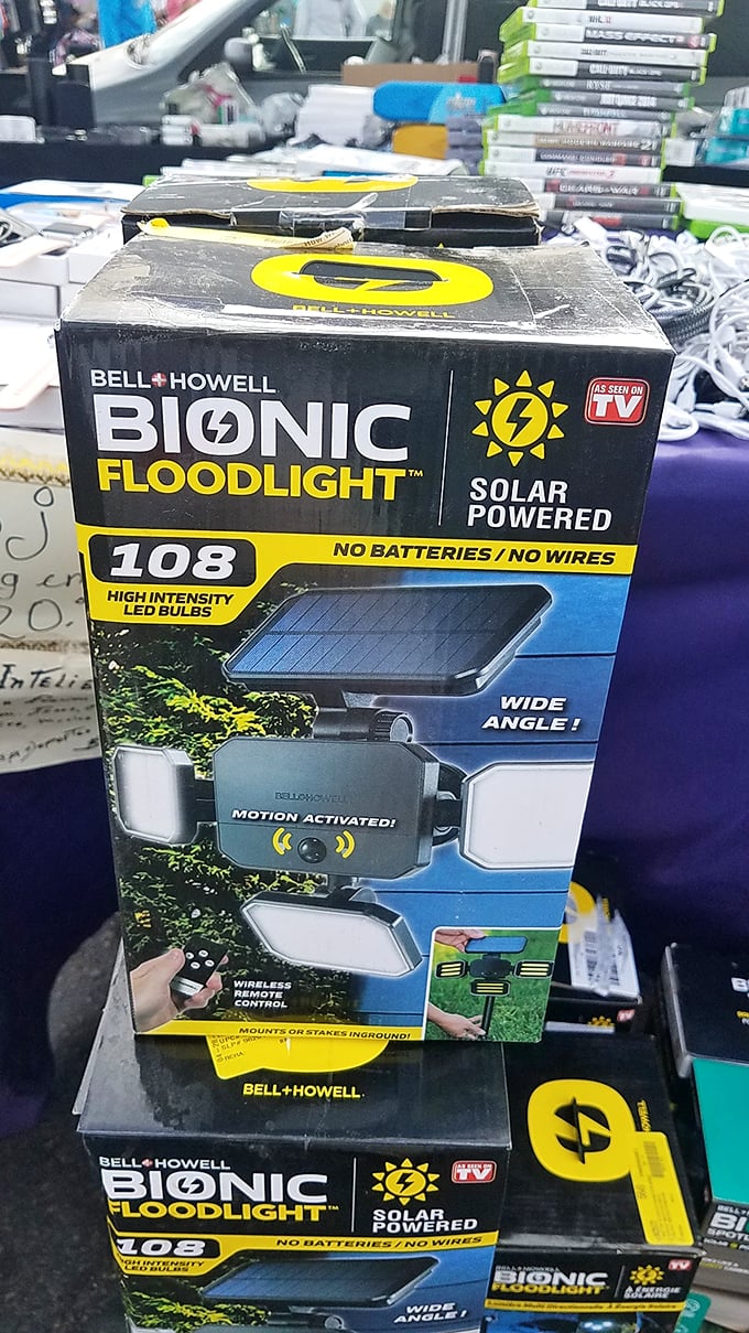 As Seen on TV in its natural habitat! Solar-powered floodlights await new homes where they'll illuminate backyards and frighten away raccoons.