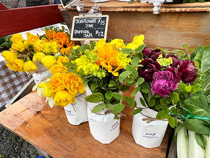 Sunshine captured in paper cones. These market bouquets bring Alaska's fleeting summer indoors, where their cheerful faces will brighten kitchens long after the market closes.