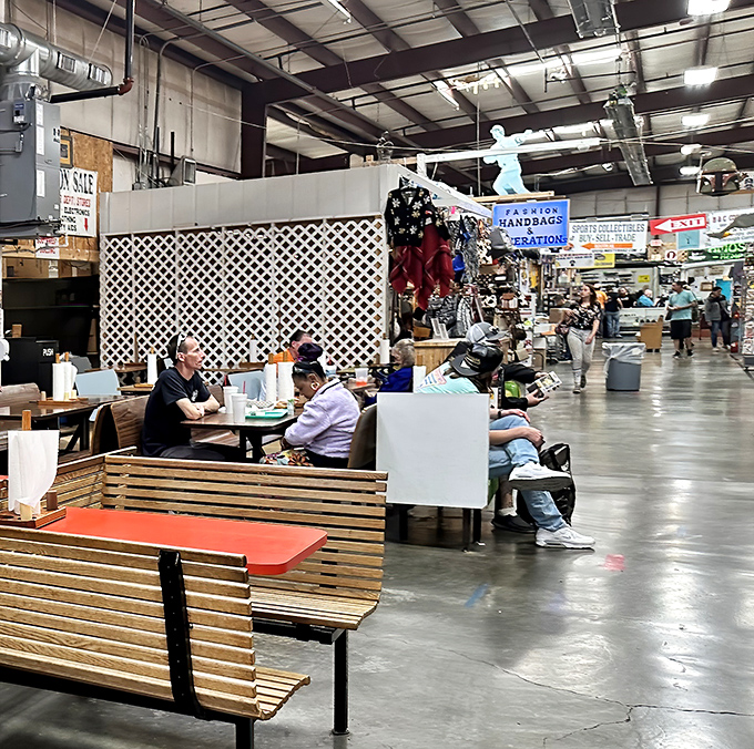 The food court offers a moment of respite for weary shoppers. Those wooden benches have heard countless "Look what I found!" stories.