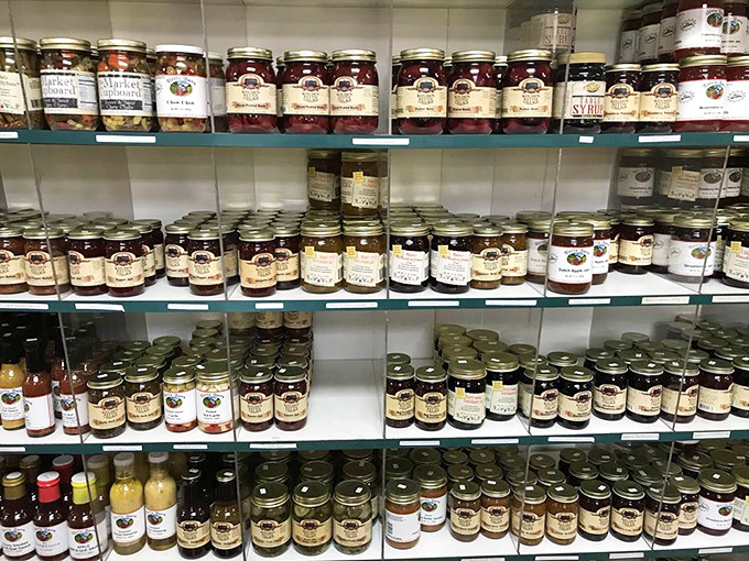 The jam and preserve wall is like a library of fruit, each jar a different chapter in the story of what makes Pennsylvania Dutch preserves special.